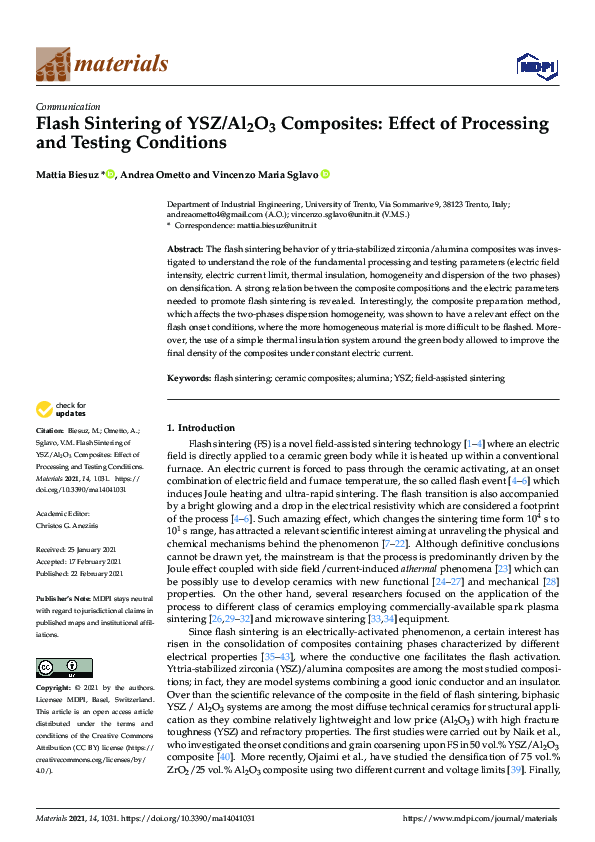 (PDF) Flash Sintering of YSZ/Al2O3 Composites: Effect of Processing and ...