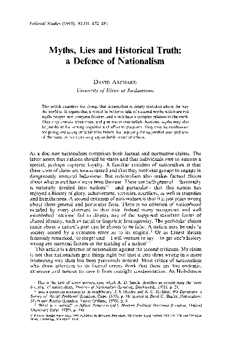 (PDF) Myths, Lies and Historical Truth: a Defence of Nationalism