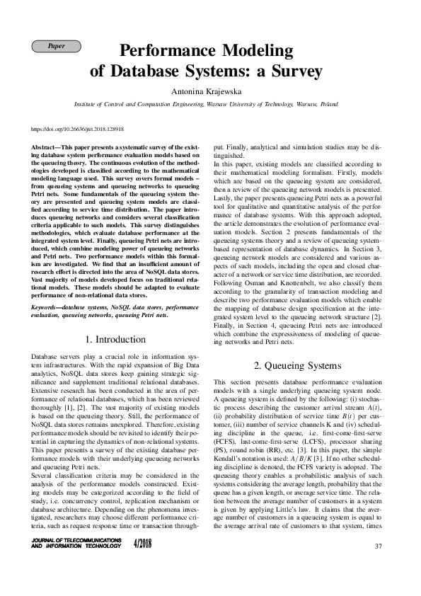 (PDF) Performance Modeling of Database Systems: a Survey