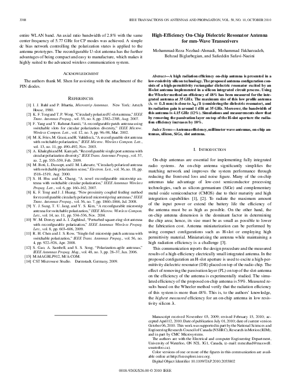 Pdf High Efficiency On Chip Dielectric Resonator Antenna For Mm Wave Transceivers