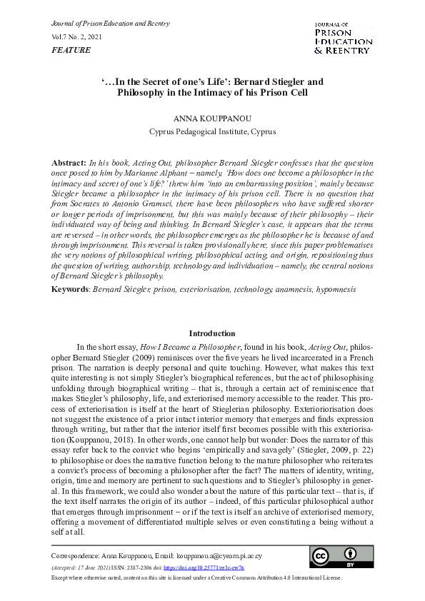 (PDF) …In the Secret of one's Life': Bernard Stiegler and Philosophy in ...