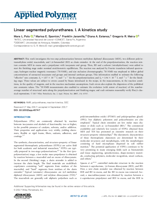 (PDF) Linear segmented polyurethanes. I. A kinetics study