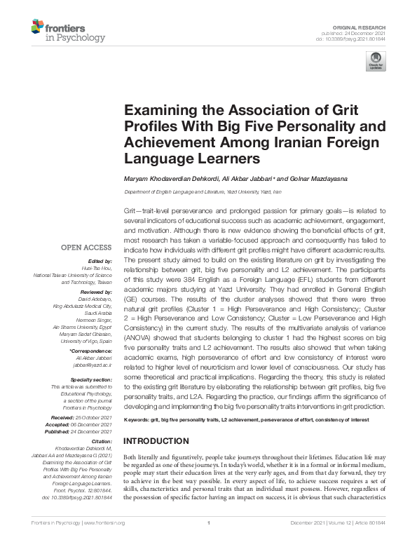 (PDF) Examining the Association of Grit Profiles With Big Five ...