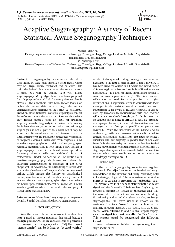 (PDF) Adaptive Steganography: A survey of Recent Statistical Aware Steganography Techniques