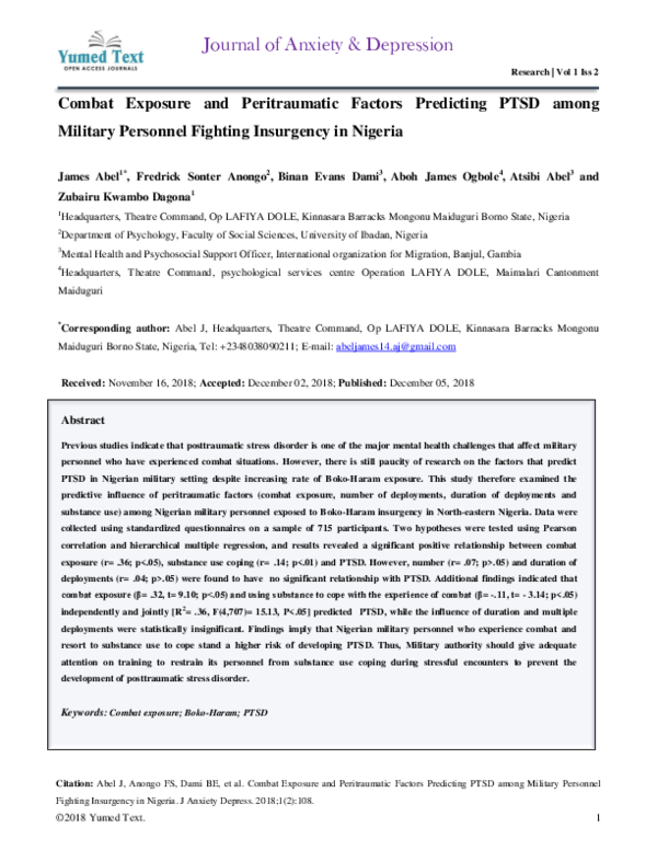 (PDF) Combat Exposure and Peritraumatic Factors Predicting PTSD among ...
