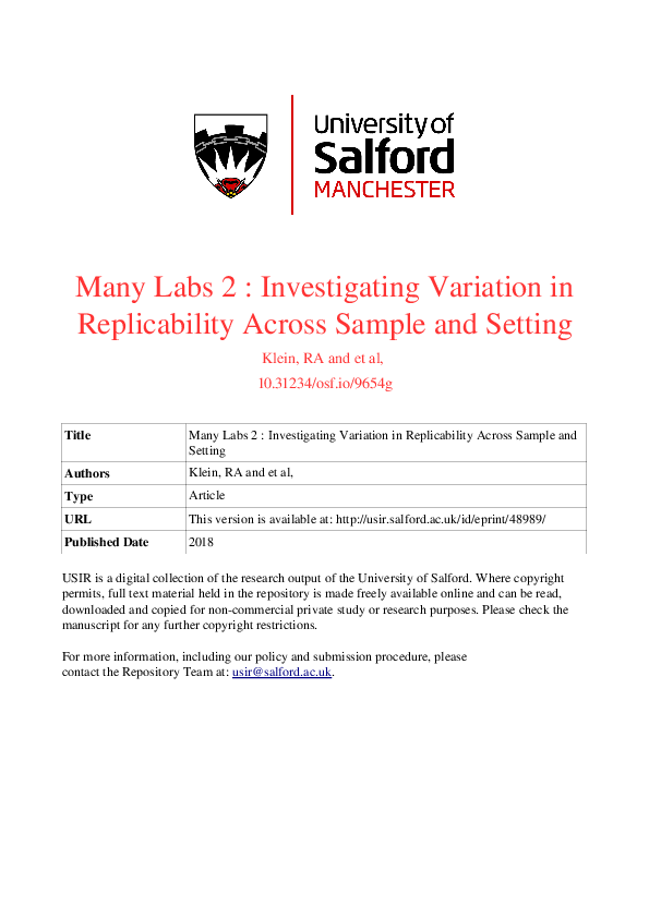 (PDF) Many Labs 2: Investigating Variation in Replicability Across Sample and Setting
