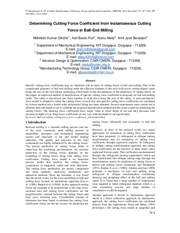 (PDF) Determining cutting force coefficients from instantaneous cutting forces in ball end milling