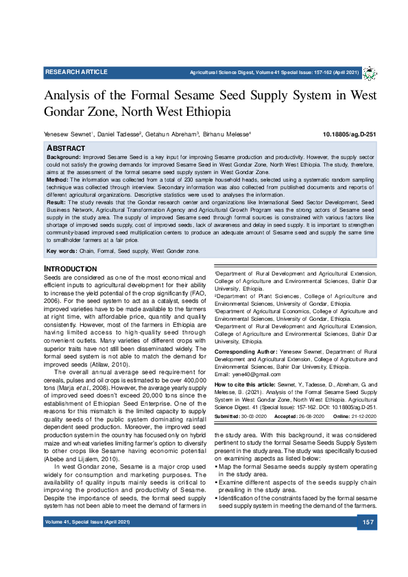 (PDF) Analysis of the Formal Sesame Seed Supply System in West Gondar ...