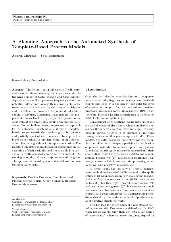 (PDF) A planning approach to the automated synthesis of template-based process models