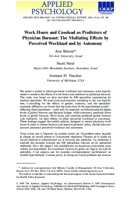 (PDF) Work Hours and Caseload as Predictors of Physician Burnout: The Mediating Effects by ...