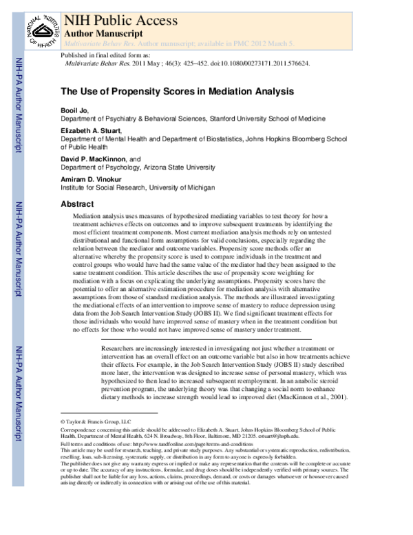 (PDF) The Use of Propensity Scores in Mediation Analysis
