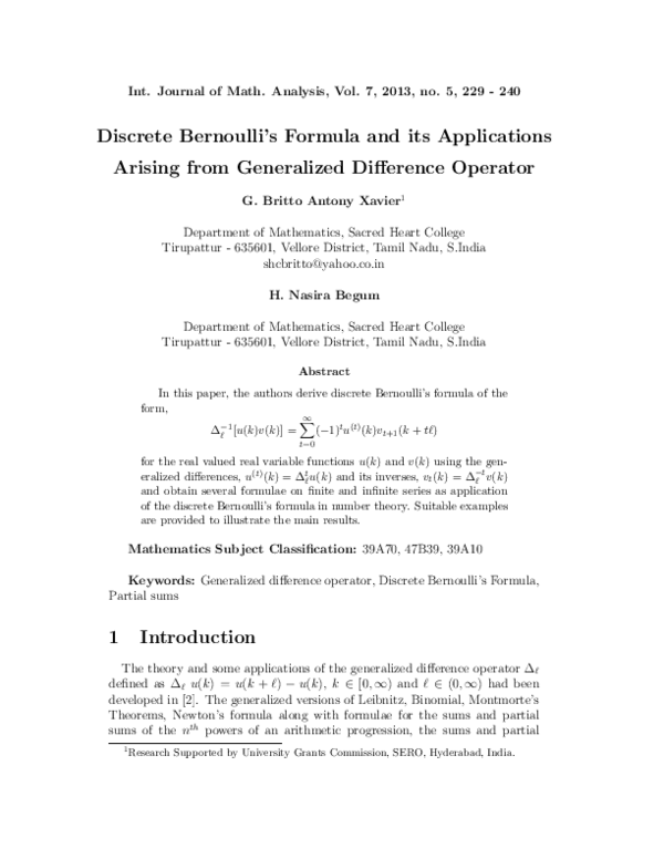 (PDF) Discrete Bernoulli's formula and its applications arising from ...