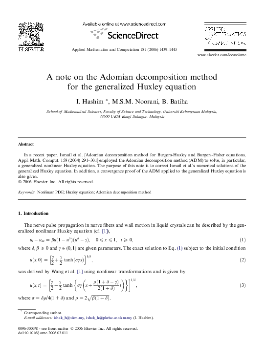 Pdf A Note On The Adomian Decomposition Method For The Generalized Huxley Equation Belal