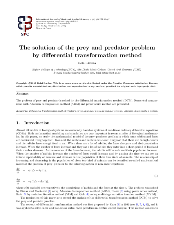 (PDF) The solution of the prey and predator problem by dierential transformation method