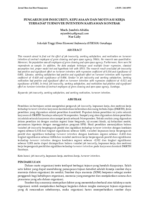 (PDF) Pengaruh Job Insecurity, Kepuasaan Dan Motivasi Kerja Terhadap Turnover Intention Karyawan ...