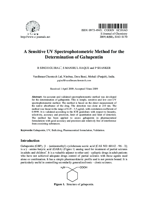 Pdf A Sensitive Uv Spectrophotometric Method For The Determination Of Gabapentin