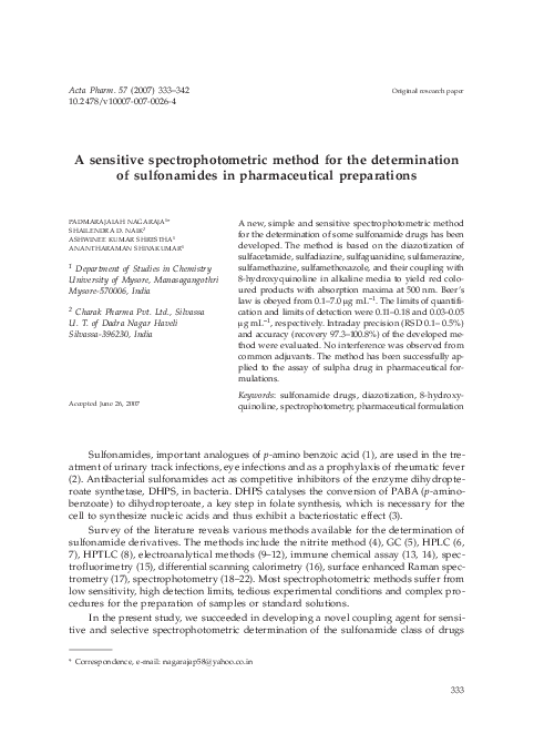 Pdf A Sensitive Spectrophotometric Method For The Determination Of Sulfonamides In