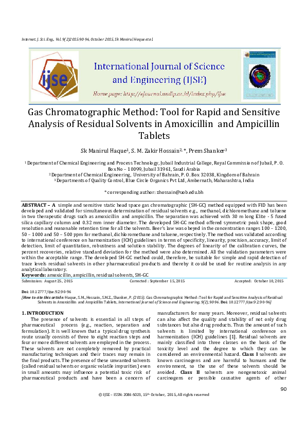 Pdf Gas Chromatographic Method Tool For Rapid And Sensitive Analysis Of Residual Solvents In