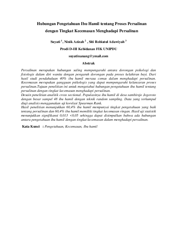 (PDF) Hubungan Pengetahuan Ibu Hamil tentang Proses Persalinan dengan Tingkat Kecemasan ...