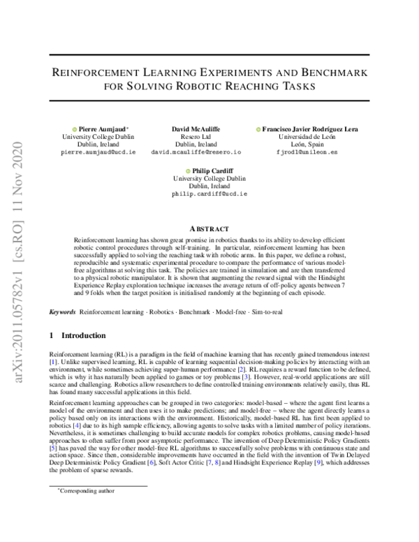 Pdf Reinforcement Learning Experiments And Benchmark For Solving Robotic Reaching Tasks