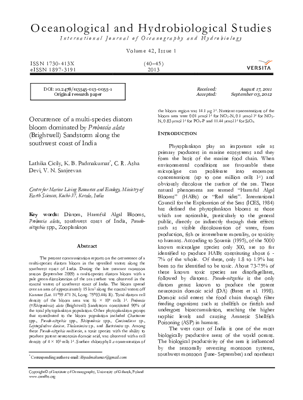 (PDF) Occurrence of a multi-species diatom bloom dominated by Proboscia ...