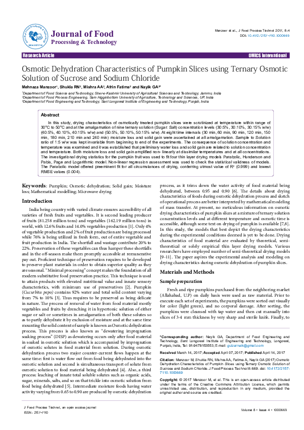 (PDF) Osmotic Dehydration Characteristics of Pumpkin Slices using Ternary Osmotic Solution of ...
