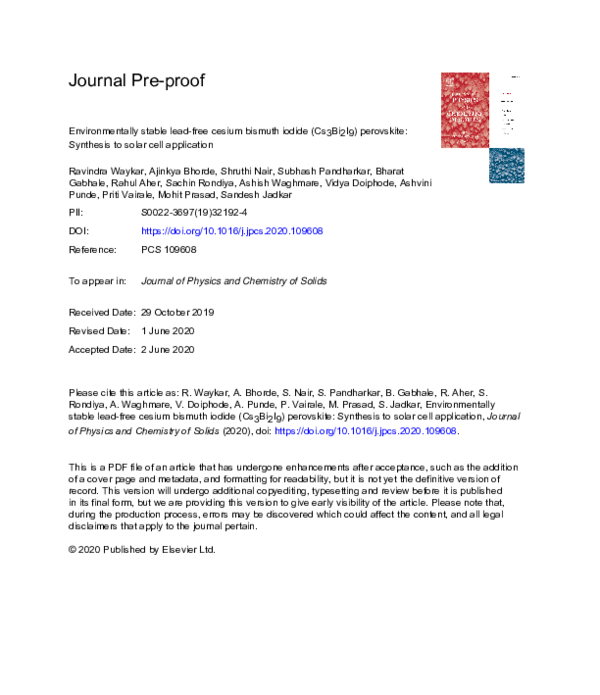 (PDF) Environmentally stable lead-free cesium bismuth iodide (Cs3Bi2I9 ...