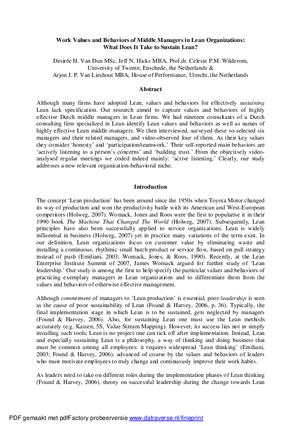 (PDF) Work values and behaviors of middle managers in lean ...