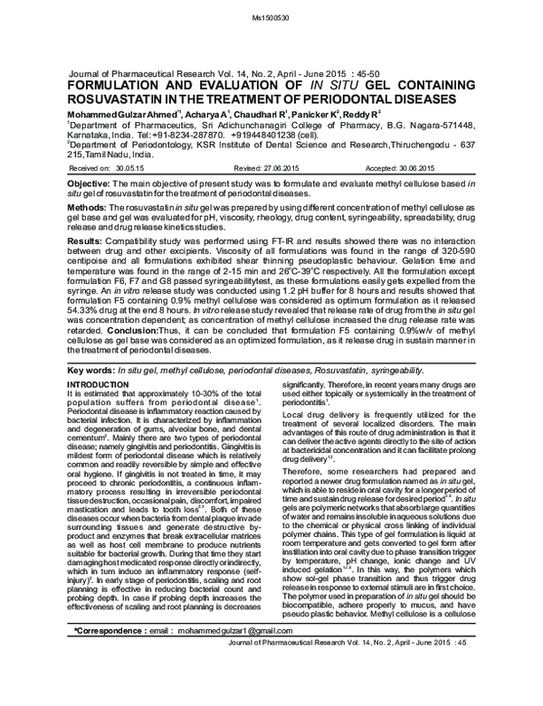 Pdf Formulation And Evaluation Of In Situ Gel Containing Rosuvastatin In The Treatment Of