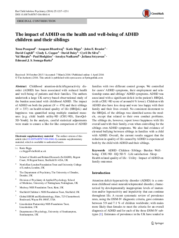 (PDF) The impact of ADHD on the health and well-being of ADHD children ...