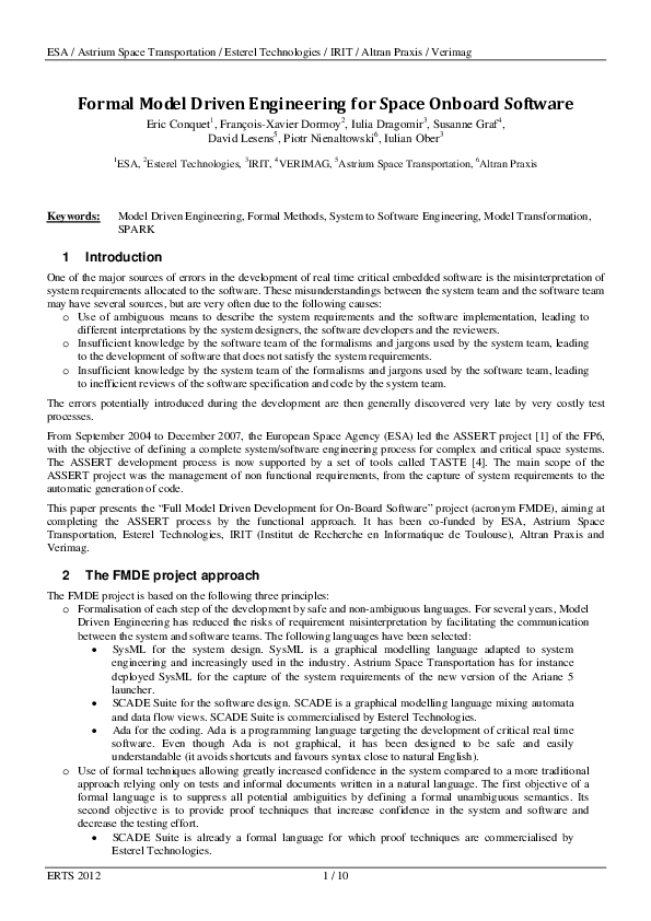 (PDF) Formal Model Driven Engineering for Space Onboard Software | Eric Conquet - Academia.edu
