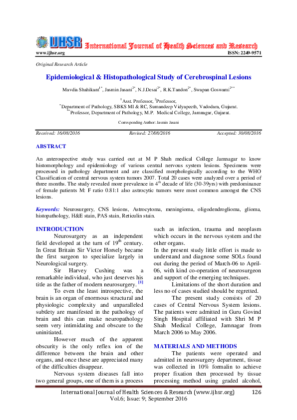 (PDF) Epidemiological & Histopathological Study of Cerebrospinal ...