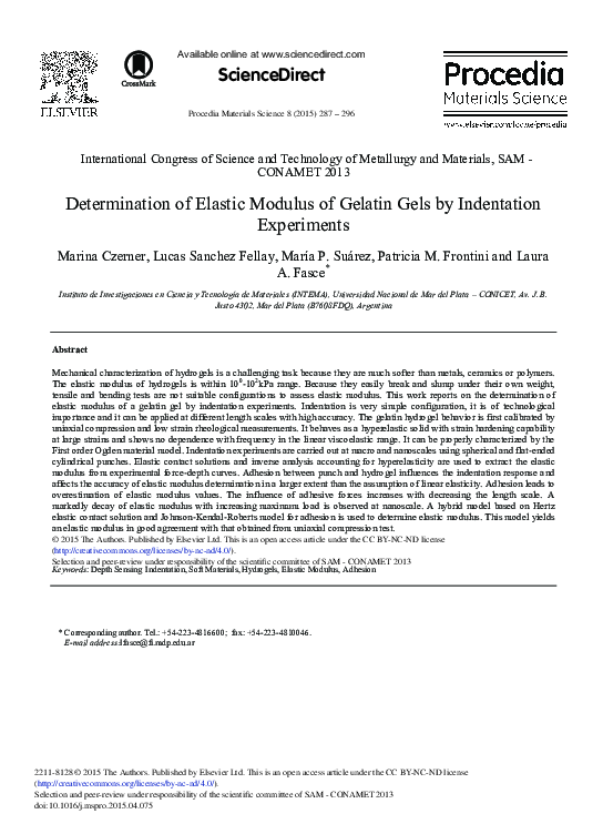 Pdf Determination Of Elastic Modulus Of Gelatin Gels By Indentation