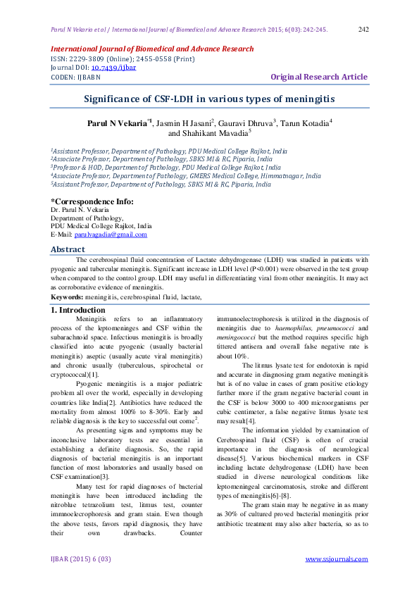 (PDF) Significance of CSF-LDH in various types of meningitis