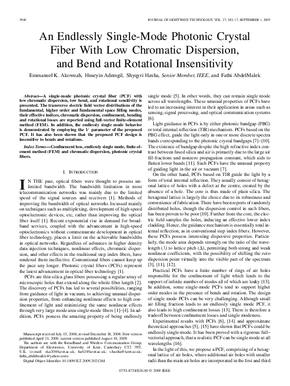(PDF) An Endlessly Single-Mode Photonic Crystal Fiber With Low Chromatic Dispersion, and Bend ...