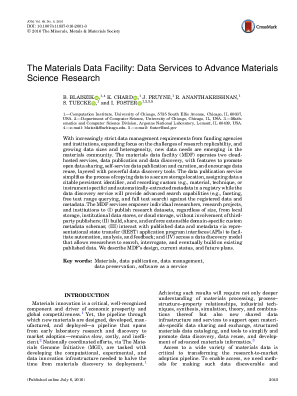 (PDF) The Materials Data Facility: Data Services to Advance Materials Science Research
