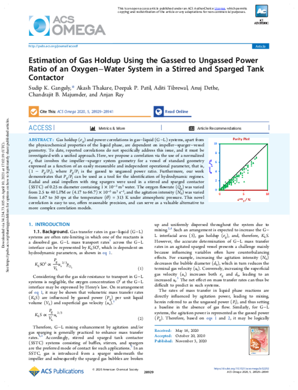 Pdf Estimation Of Gas Holdup Using The Gassed To Ungassed Power Ratio Of An Oxygen Water