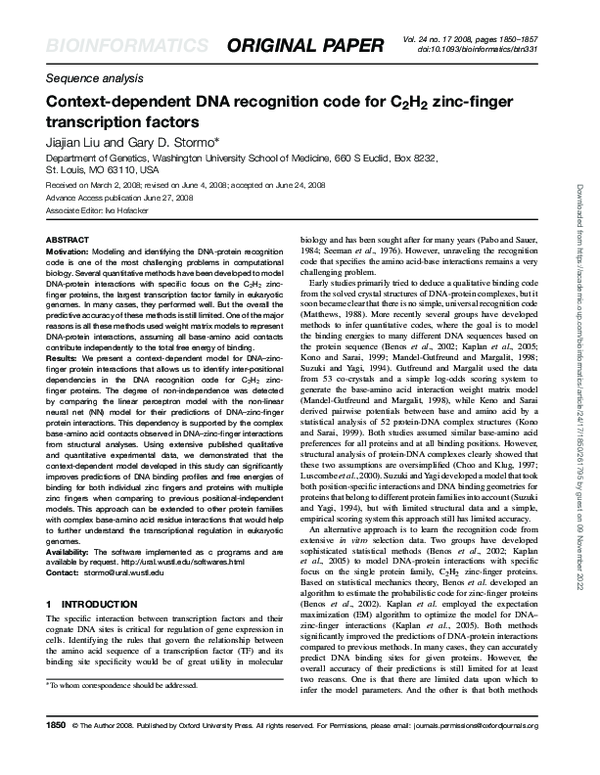 (PDF) Context-dependent DNA recognition code for C2H2 zinc-finger transcription factors