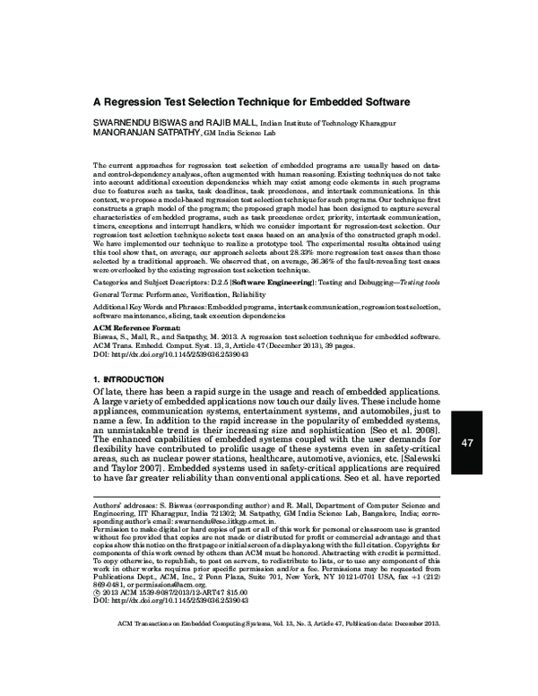 (PDF) A regression test selection technique for embedded software