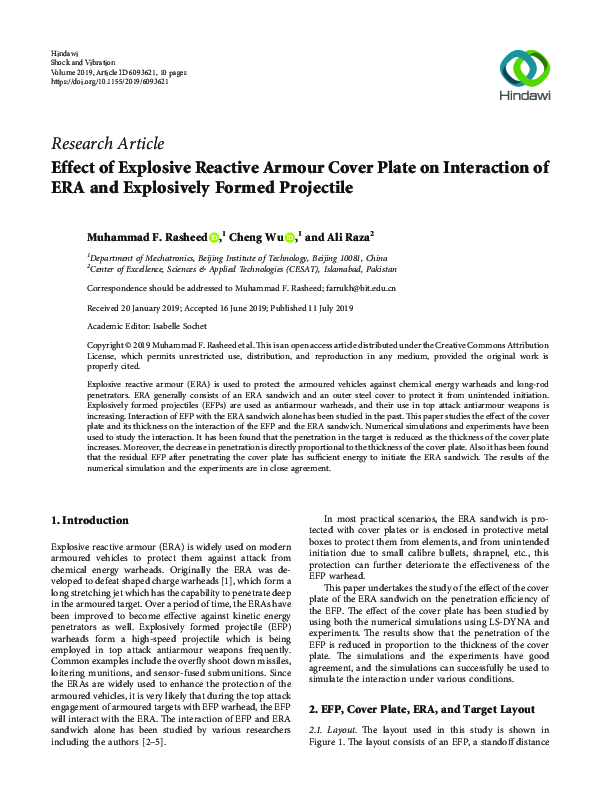 (PDF) Effect of Explosive Reactive Armour Cover Plate on Interaction of ...
