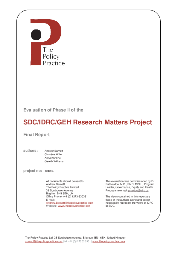 (PDF) Evaluation of phase II of the SDC/IDRC/GEH research matters project : final report ...