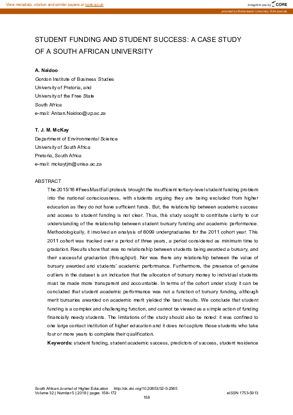(PDF) Student funding and student success: A case study of a South ...