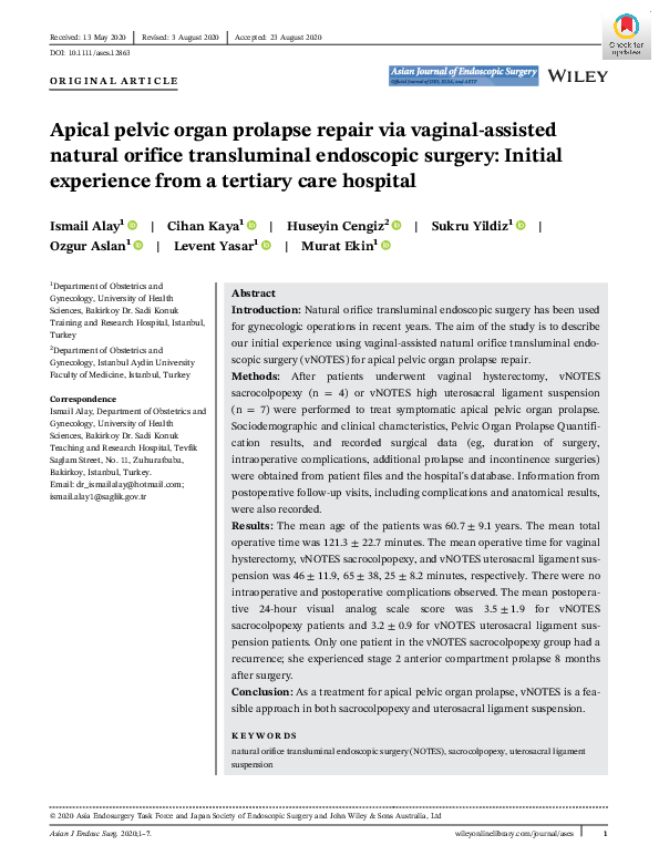 (PDF) Apical pelvic organ prolapse repair via vaginal‐assisted natural ...