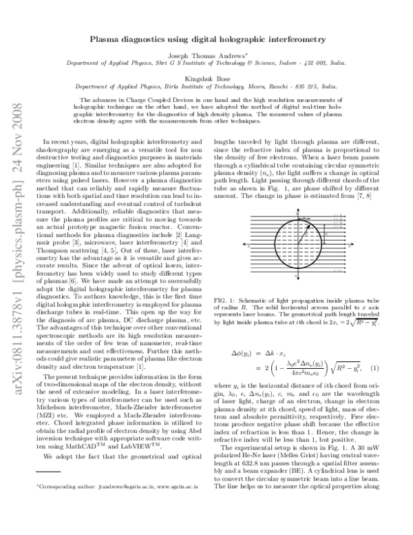 (PDF) Plasma diagnostics using digital holographic interferometry