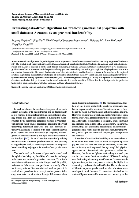 (PDF) Evaluating data-driven algorithms for predicting mechanical properties with small datasets ...