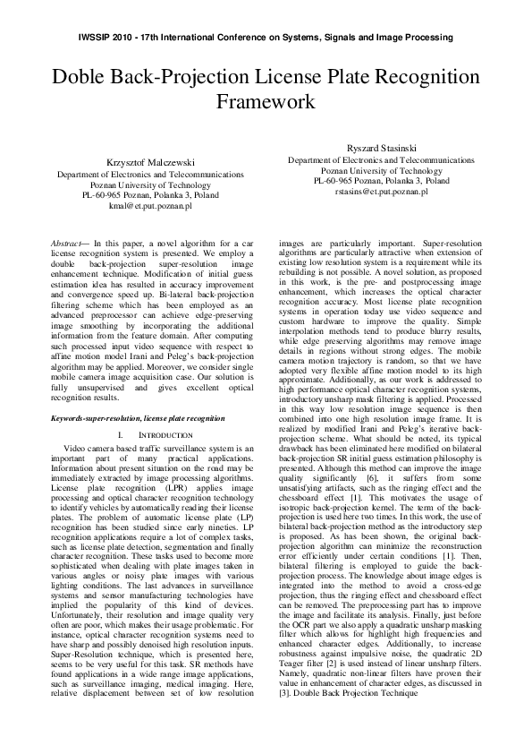 (PDF) Doble Back-Projection License Plate Recognition Framework