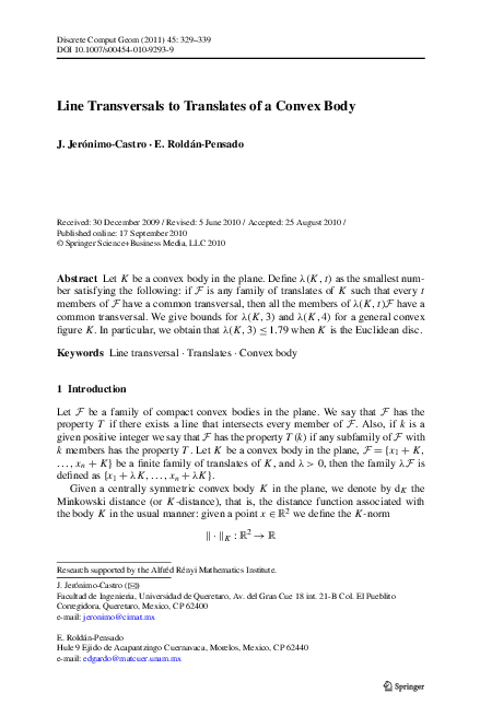 (PDF) Line Transversals to Translates of a Convex Body