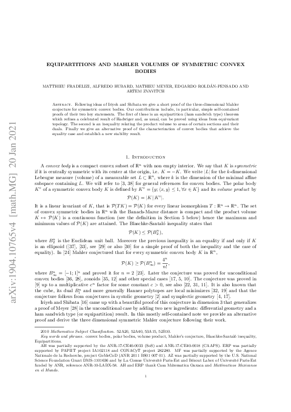 (PDF) Equipartitions and Mahler volumes of symmetric convex bodies