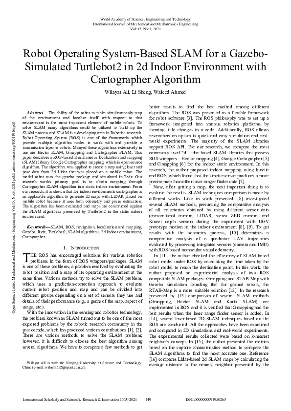 (PDF) Robot Operating System-Based SLAM for a Gazebo-Simulated Turtlebot2 in 2d Indoor ...