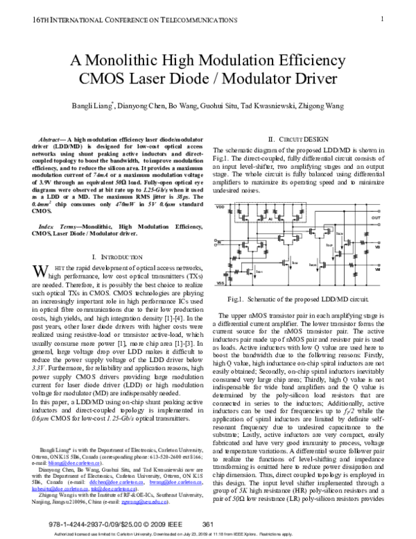 Pdf A Monolithic High Modulation Efficiency Cmos Laser Diode Modulator Driver